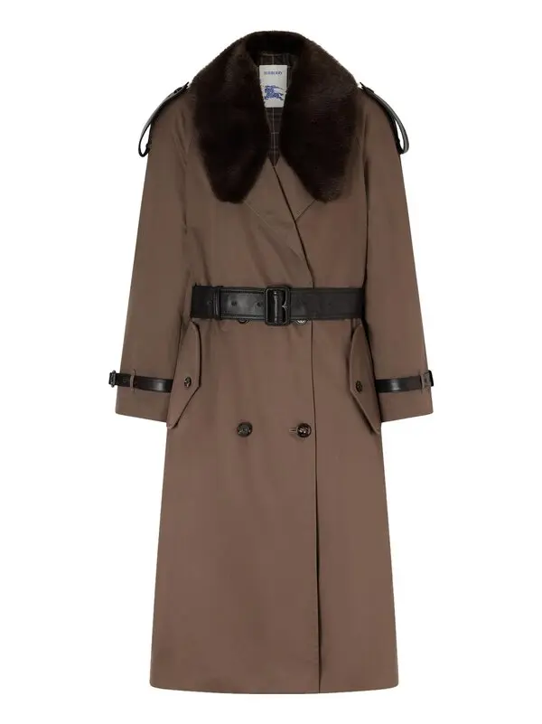 Burberry Leather And Plush-trimmed Cotton-gabardine Trench Coat - Brown