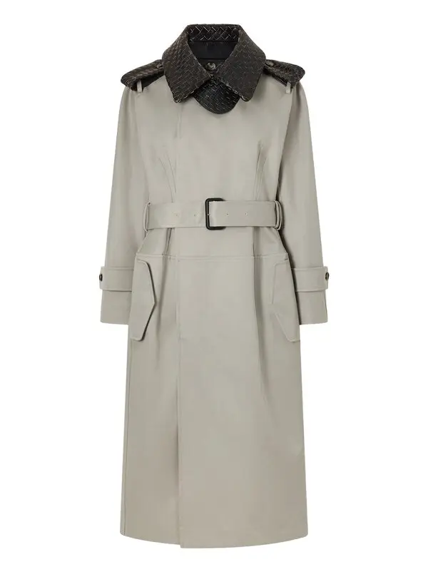 Bottega Veneta Belted Intrecciato Leather-trimmed Cotton-gabardine Coat - Gray