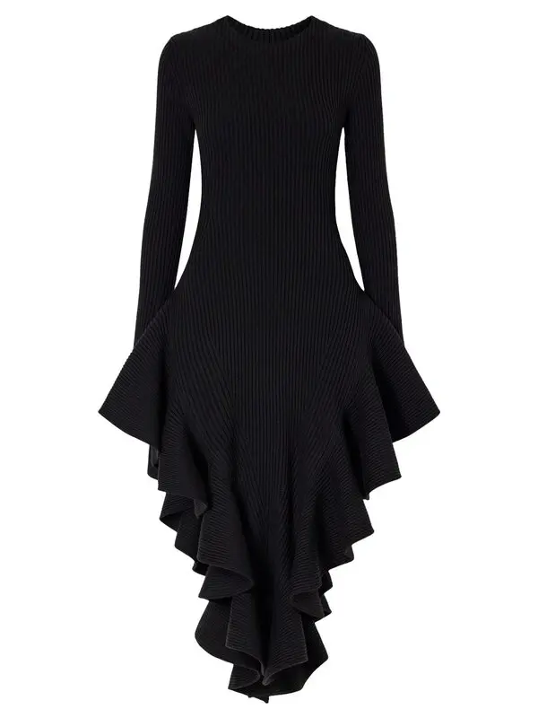 Alaïa Ruffled Ribbed Wool-blend Midi Dress - Black