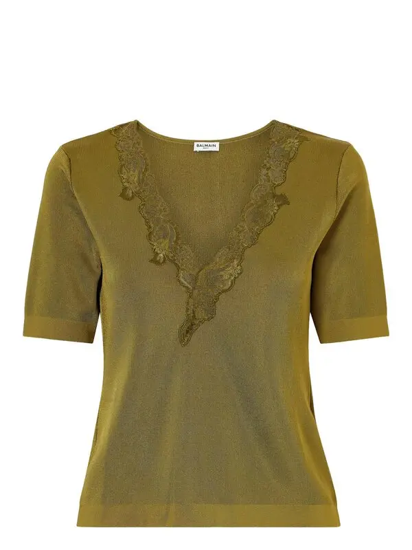 Balmain Lace-trimmed Knitted T-shirt - Green