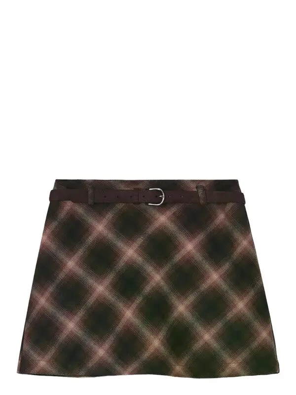 B+AB Check-pattern Belted Mini Skirt - Brown
