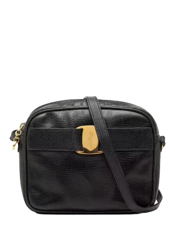 FERRAGAMO 2000-2026 Lizard Embossed Leather Vara Crossbody Bag - Black
