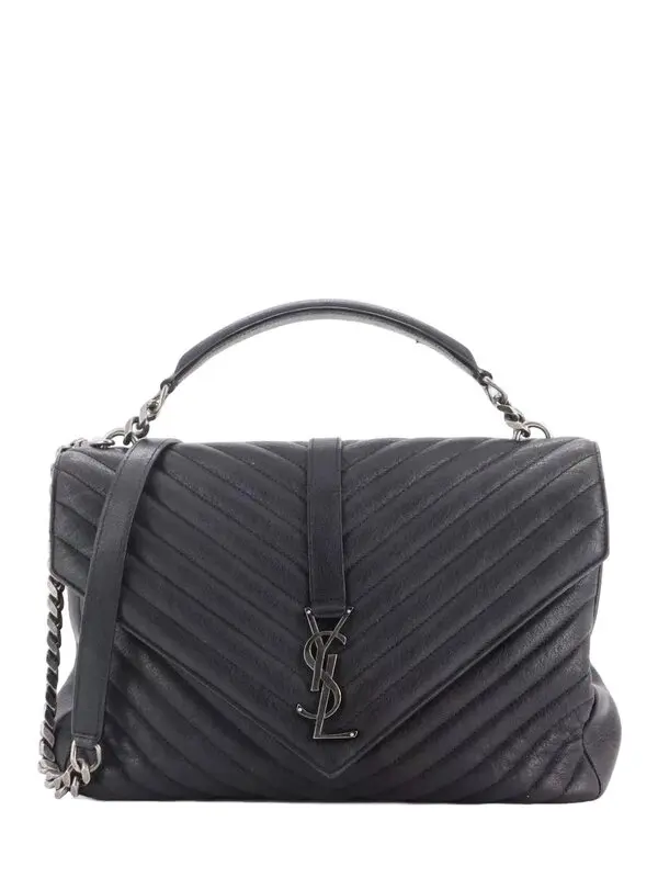 Saint Laurent Classic Monogram College Bag Matelasse Chevron Leather Large Shoulder Bag - Black