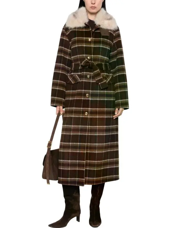 Maje Checked Faux-fur Collar Coat - Brown