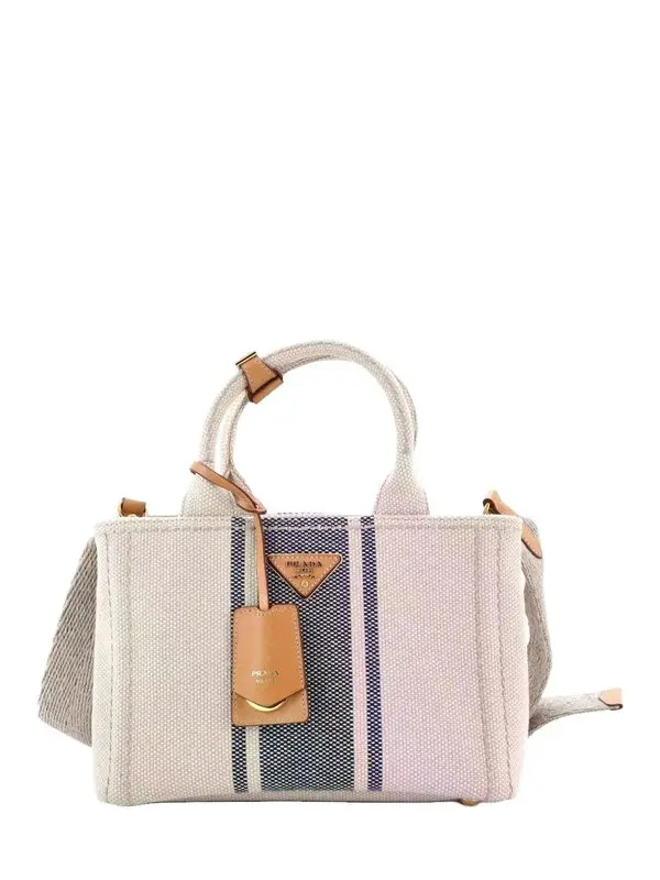 Prada Logo Jardiniere Triangle Embroidered Canvas Tote Bag - Neutrals