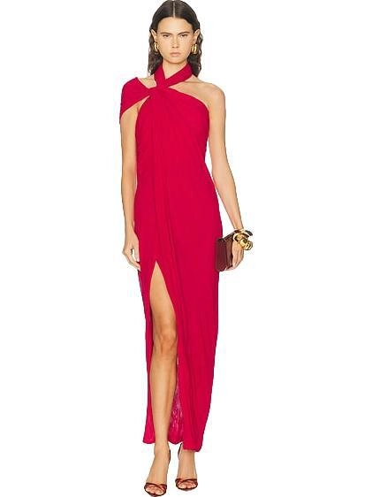 Balmain Cross Neck Crepe Draped Maxi Dress - Rouge