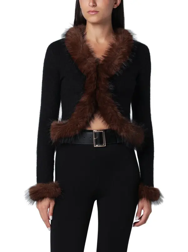 SELF-PORTRAIT Knitted Cardigan With Faux Fur - Black