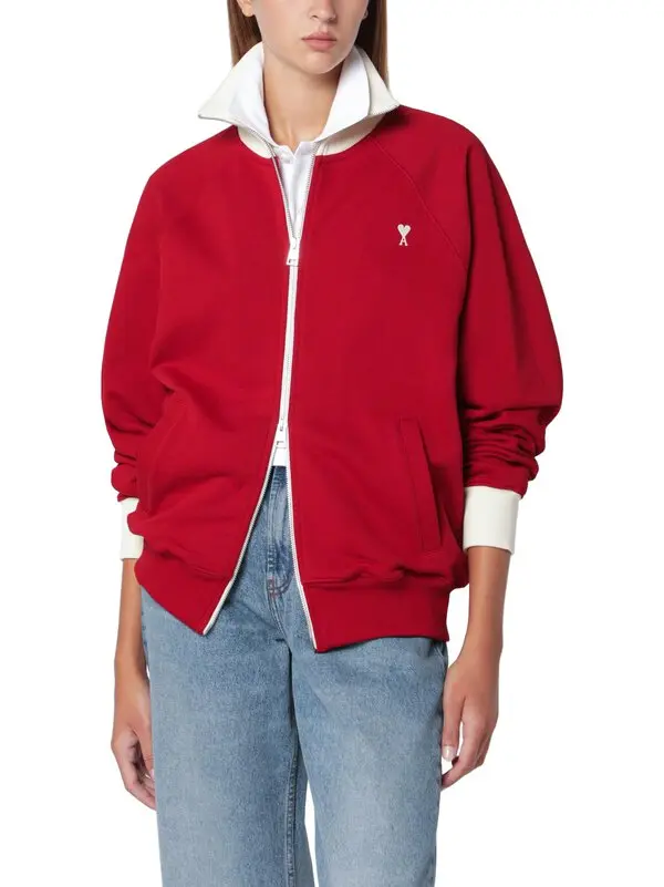 AMI Paris De Coeur Zip-up Sweatshirt In Cotton, /ivory - Red