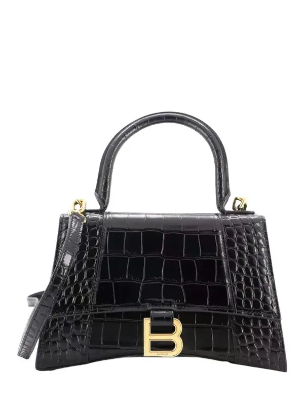 Balenciaga Hourglass Top Handle Bag Crocodile Embossed Leather Small Crossbody Bag - Black
