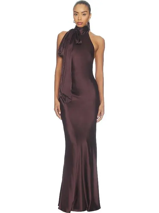 Courtney Zheng Silk Satin Tie Neck Gown In . Also - Chocolate