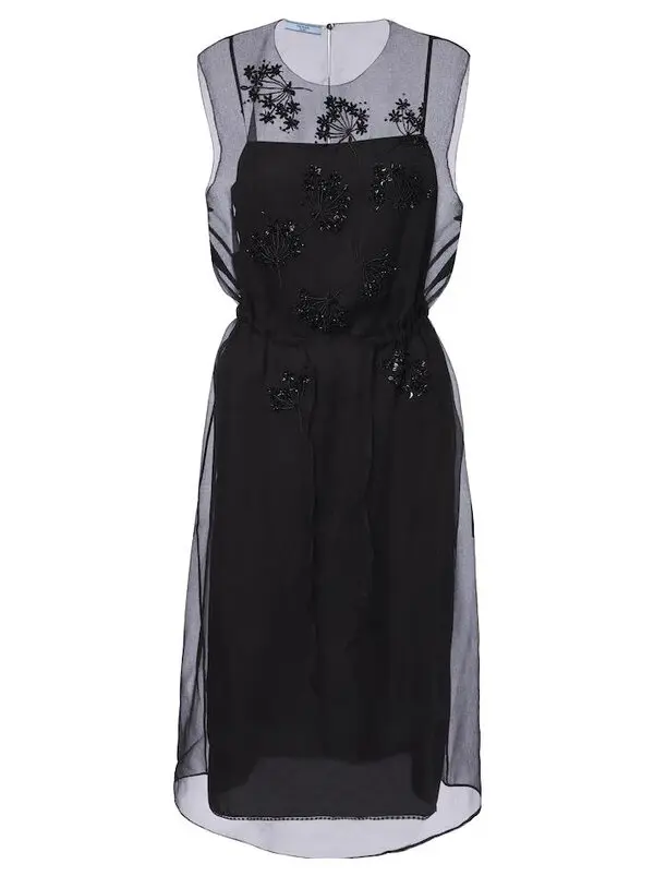 Prada Floral-applique Silk Midi Dress - Black