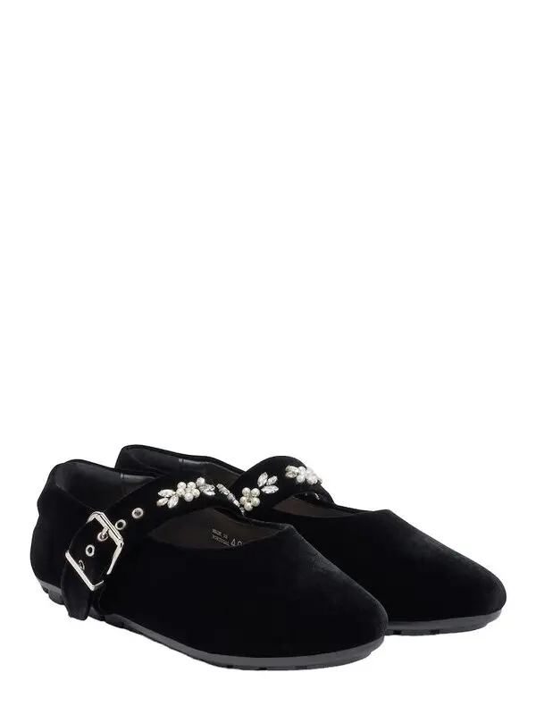 Simone Rocha Embellished Velvet Mary Jane Flats - Black