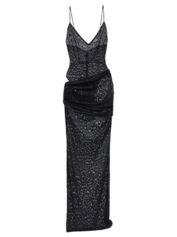Alex Perry Draped Leopard-print Lace Maxi Dress - Black