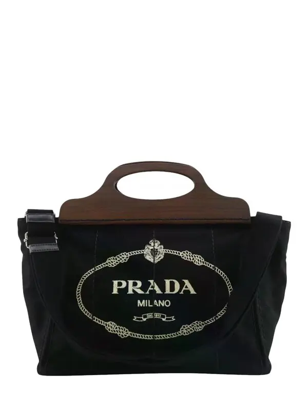 Prada 2013-2026 Canvas Wood Handle Canapa Logo Satchel - Black