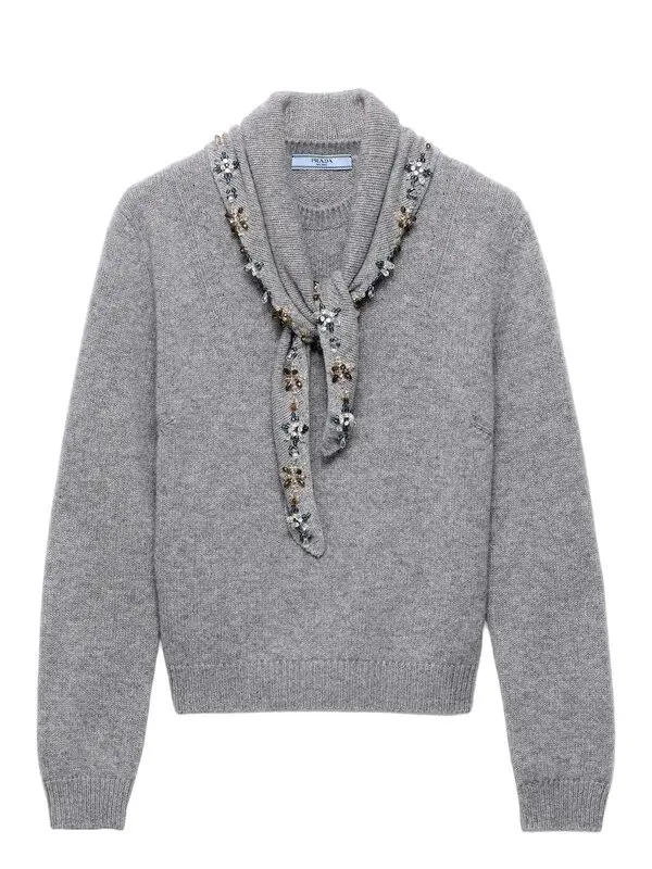 Prada Cashmere Crew-neck Sweater With Scarf - Grey
