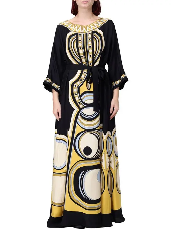 La DoubleJ Ethnic Print Silk Long Evening Gown With A Tie-waist Belt - Black