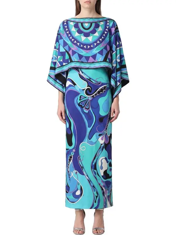 Emilio Pucci Graphic Print Silk Long Evening Gown With Back Slit - Blue