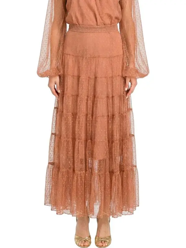 TWINSET Point D'esprit Tulle Midi Skirt - Brown