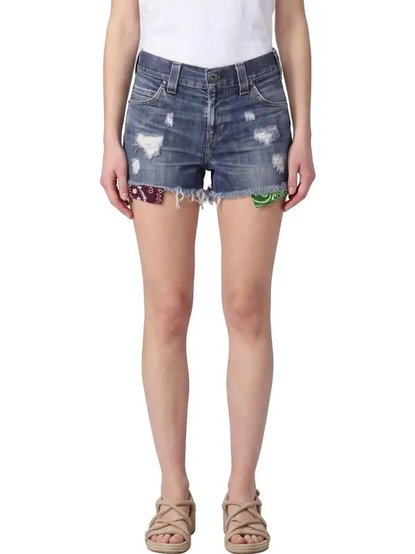 HTC LOS ANGELES High-waisted Studded Shorts With Frayed Hem - Denim
