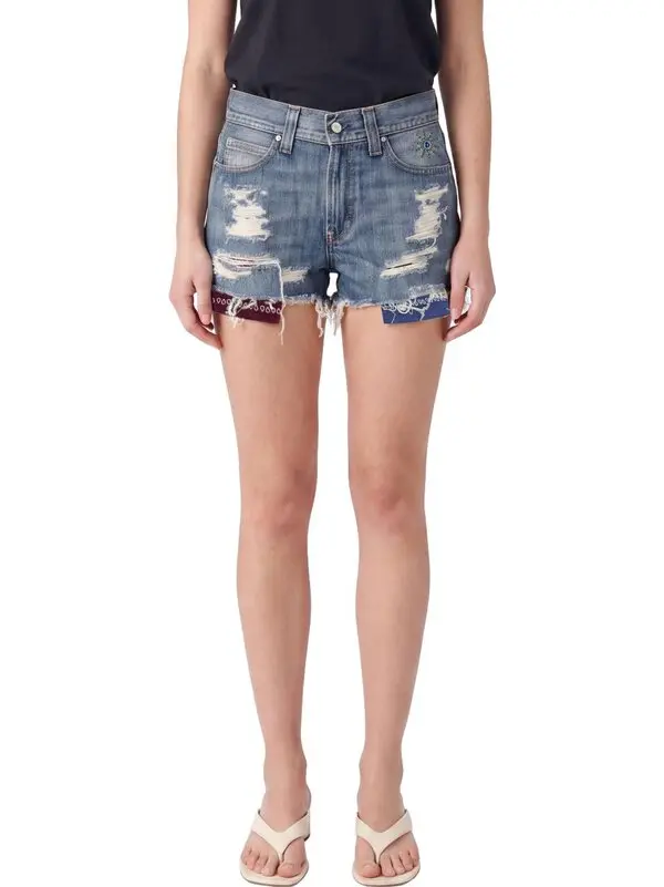 HTC LOS ANGELES Mid-rise Studded Shorts With Bandana Embroidery - Denim