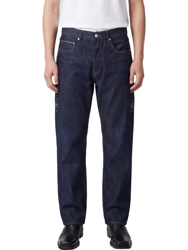 HTC LOS ANGELES Straight Fit Studded Cotton Denim Jeans With Embroidery - Blue