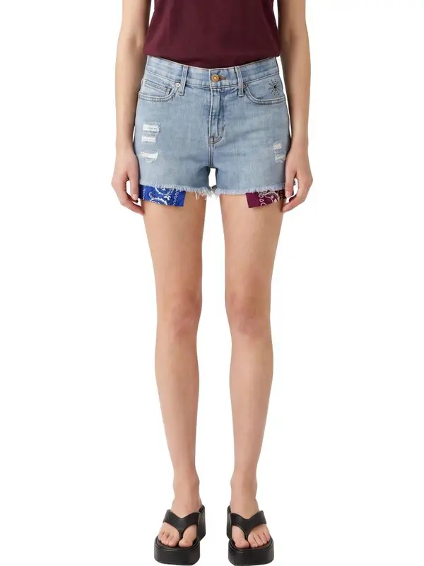 HTC LOS ANGELES High-waisted Studded Shorts With Frayed Hem - Denim