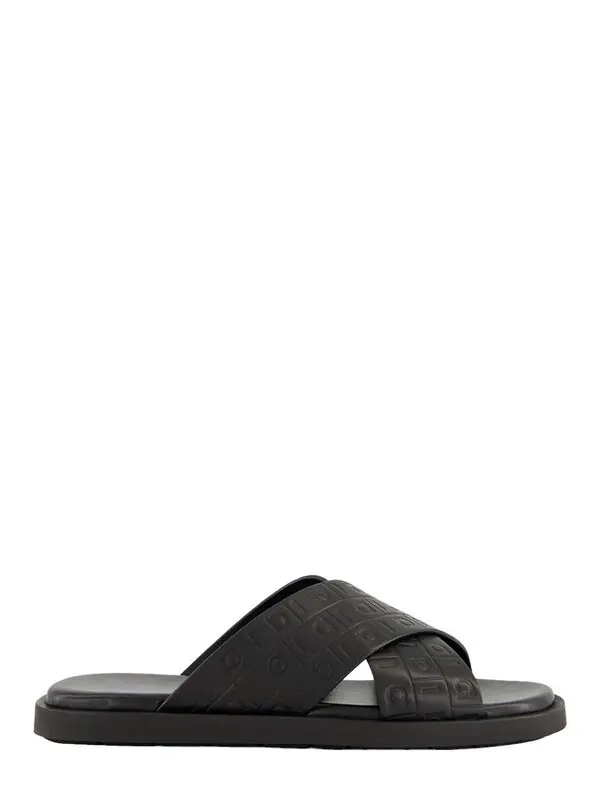 FERRAGAMO Gancini Embossed Calfskin Leather Slide Sandals - Black