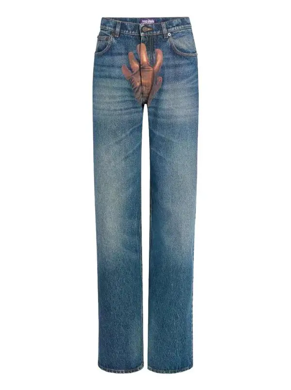 JEAN PAUL GAULTIER Wide Leg Denim Pants With Gloves Print On Front - Blue