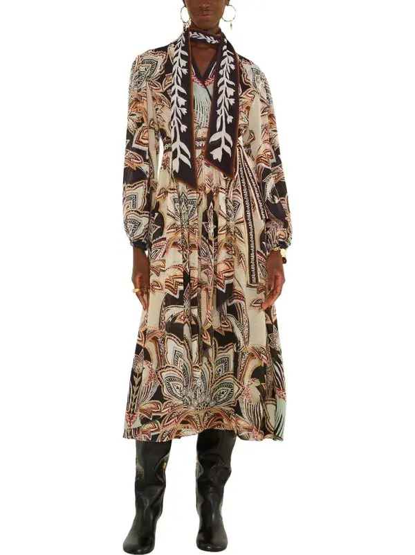 Farm Rio Tapestry Dream Paisley-print Pussy-bow Midi Dress - Neutrals