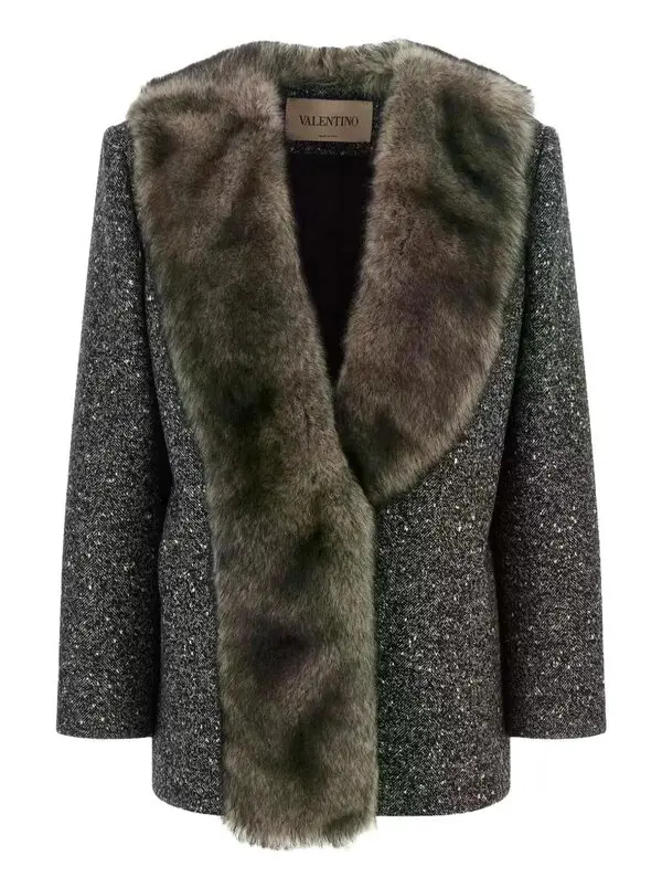 Valentino Garavani Single-breasted Chevron Bouclé Caban With Shearling - Black