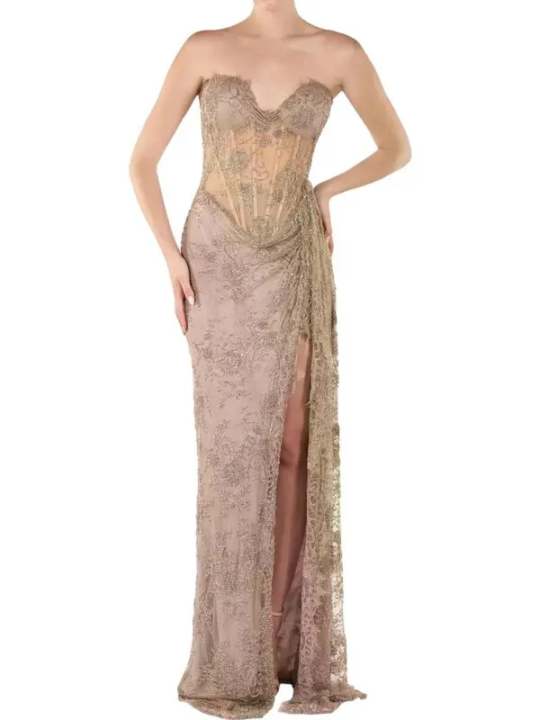 ANDREEA VENECIUC Elara Lace-embroidered Corset-style Gown - Neutrals