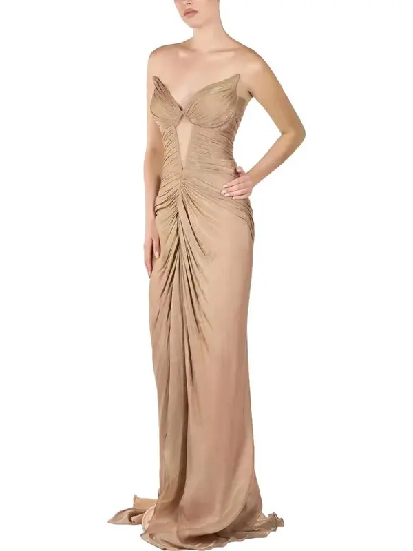 ANDREEA VENECIUC Champagne Glow Ruched Strapless Gown - Neutrals