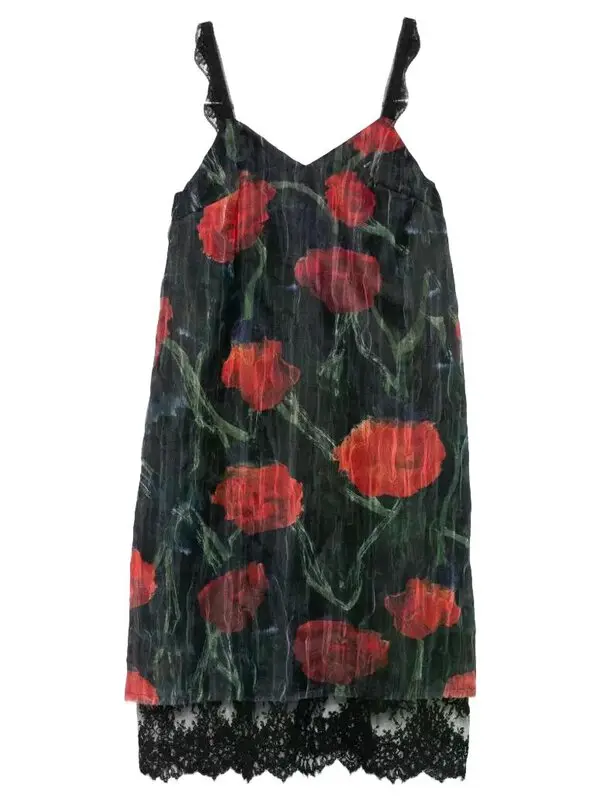 WILLY CHAVARRIA Fondo Floral-pattern Lace-trim Midi Dress - Black