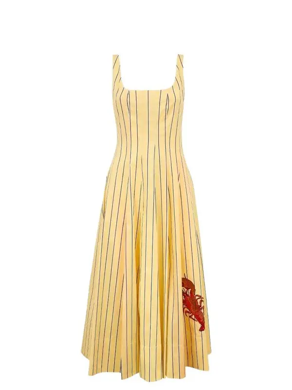Staud Wells Stripe-print Lobster-embroidered Midi Dress - Yellow