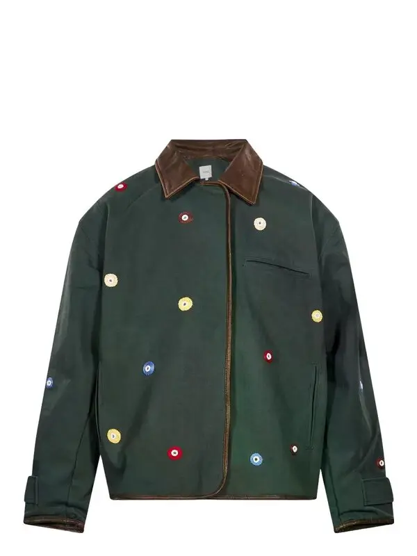 FOUND Crochet-appliqué Leather-trim Coat - Green