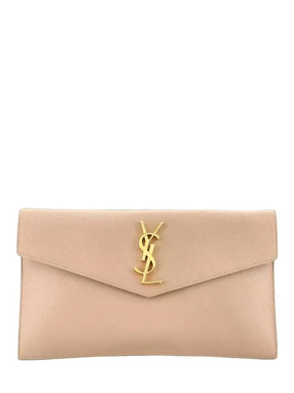Saint Laurent Classic Monogram Envelope Leather Clutch Bag - Neutrals