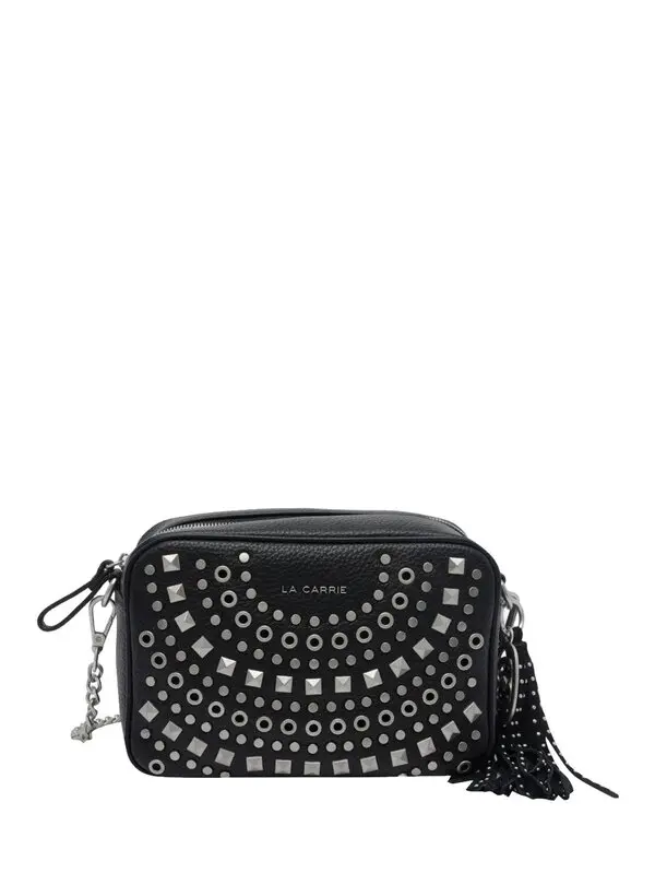 LA CARRIE Embroidered Polyurethane Camera Bag With Studs And Removable Strap - Black