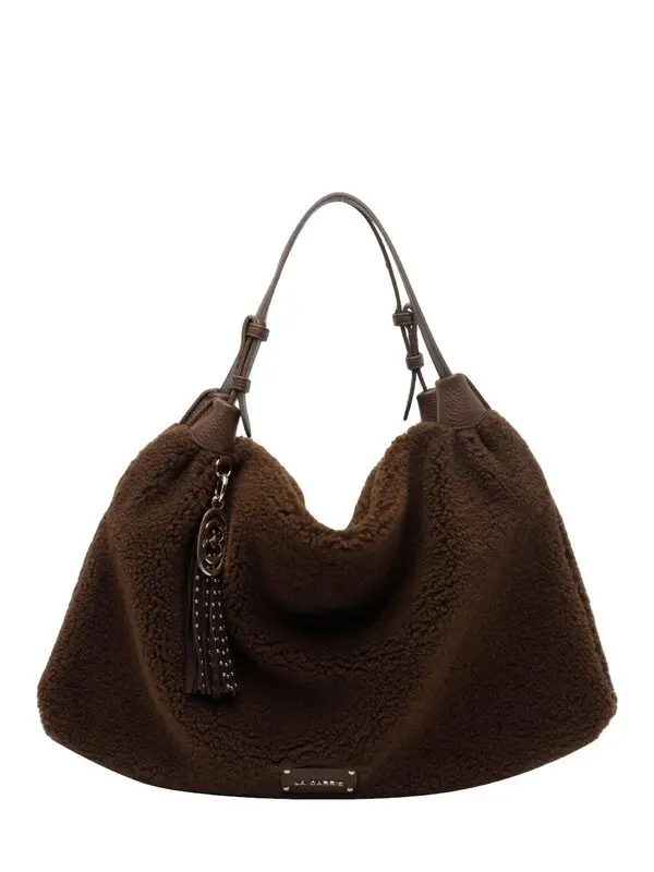 LA CARRIE Shearling Shoulder Bag With Double Adjustable Handle And Tassels - Brown