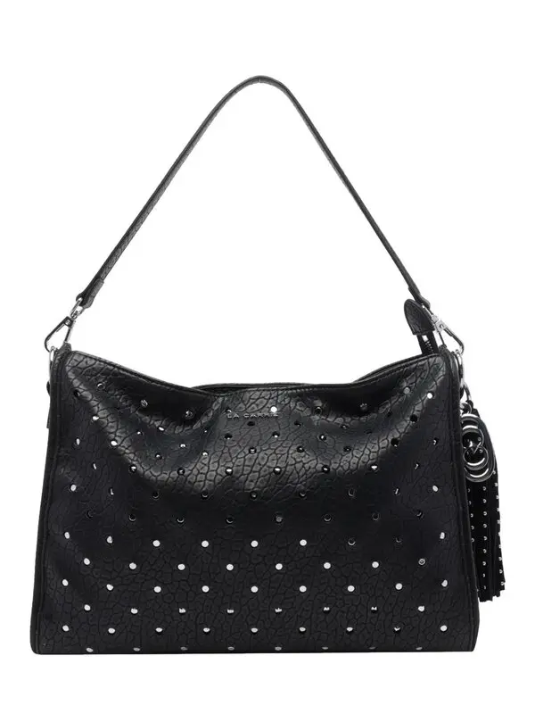 LA CARRIE Embroidered Polyester Shoulder Bag With Logo Charm - Black
