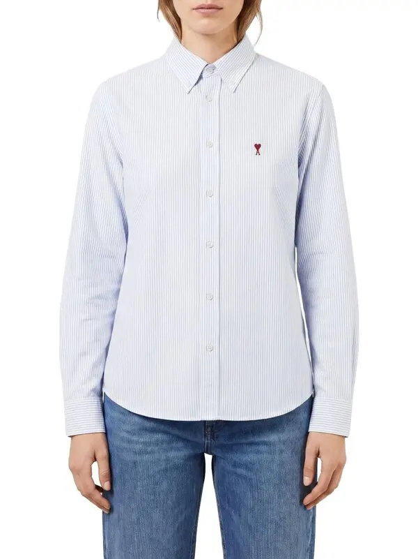 AMI Paris Slim Fit Striped Cotton Shirt With Button-down Collar And Logo - Sky