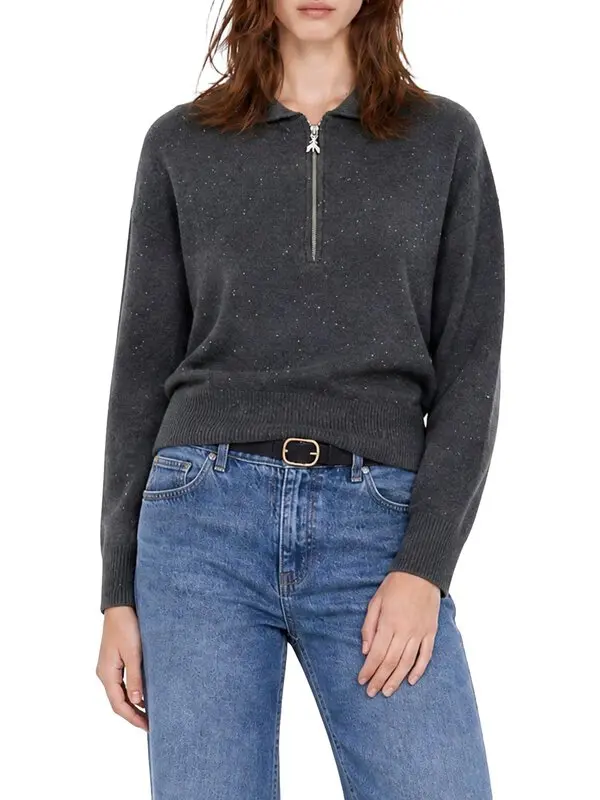 Patrizia Pepe Slim Fit Ribbed Knit Polo In Viscose With Sequins - Grey