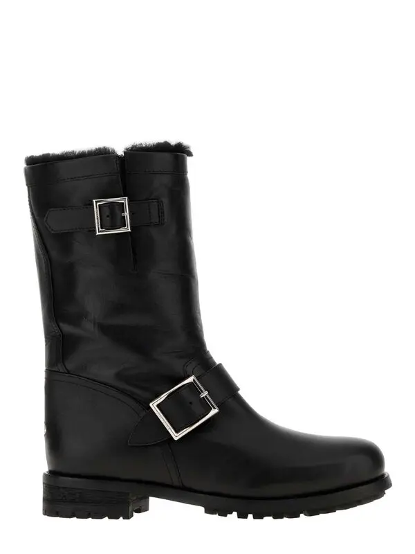 JIMMY CHOO Shearling-lined Lambskin Biker Boots With Adjustable Buckles - Black