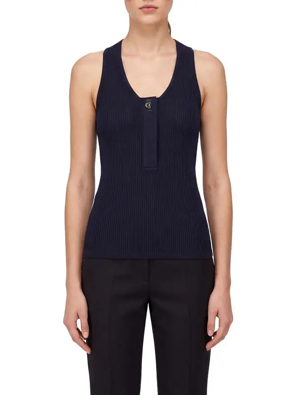 FERRAGAMO Slim Fit Ribbed Jersey Off-the-shoulder Top - Navy