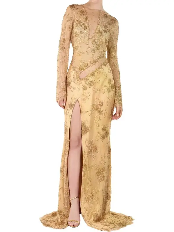 ANDREEA VENECIUC Aurelia Bead-embellished Lace-overlay Maxi Dress - Neutrals