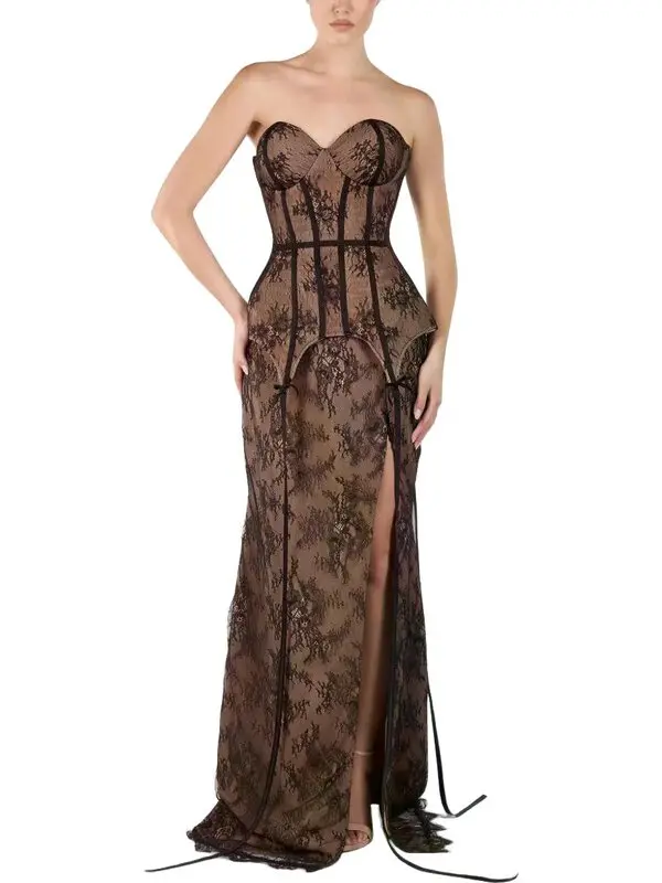 ANDREEA VENECIUC Isadora Lace-overlay Peplum Maxi Dress - Neutrals