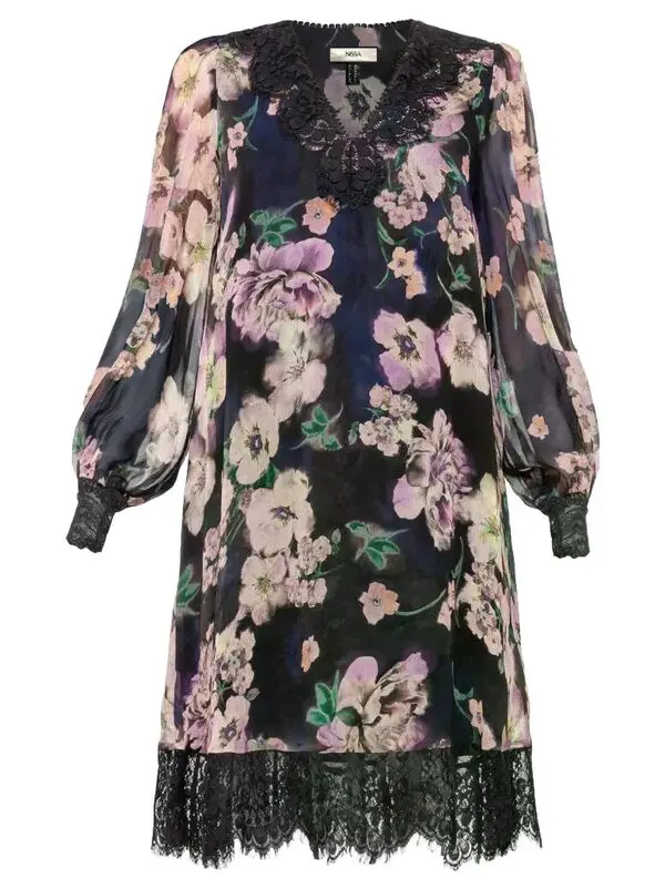 NISSA Floral Chiffon Midi Dress - Black