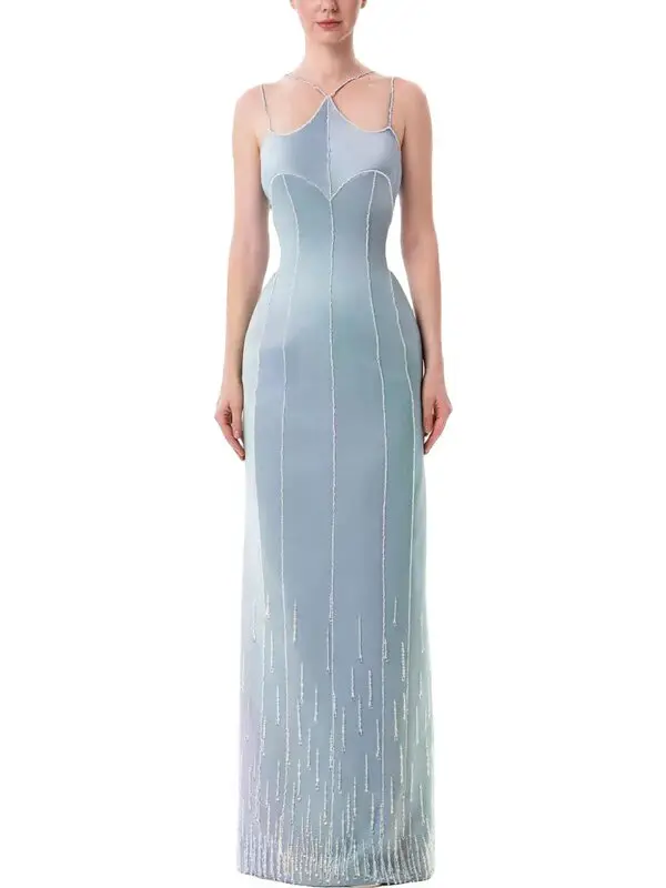DINA MELWANI Crystal-trimmed Satin Maxi Dress - Blue