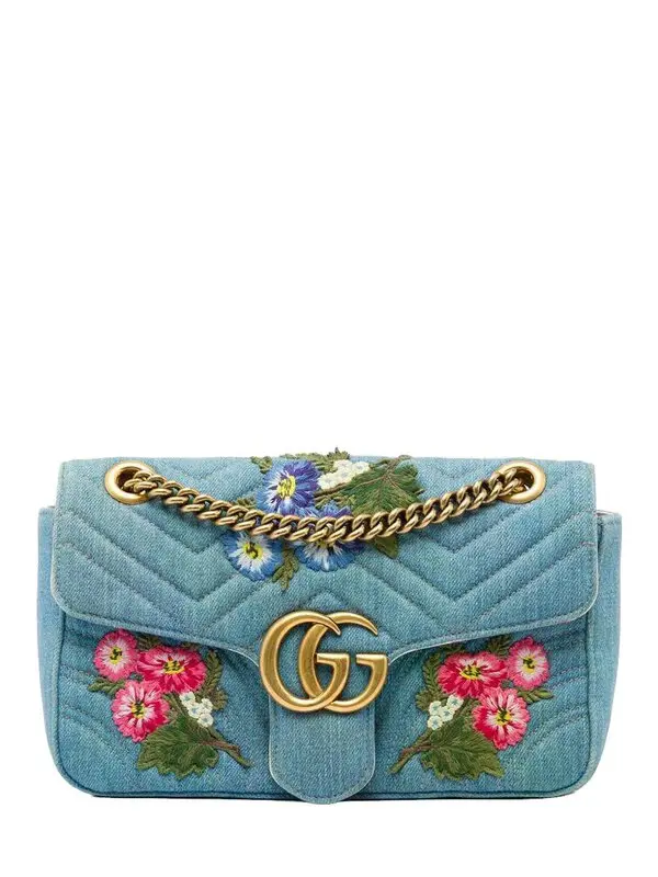 Gucci 2016-2026 Medium Gg Marmont Matelasse Denim Floral Embroidered Shoulder Bag - Blue