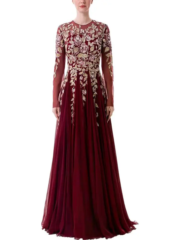 DINA MELWANI Floral-embroidered Chiffon Maxi Dress - Red