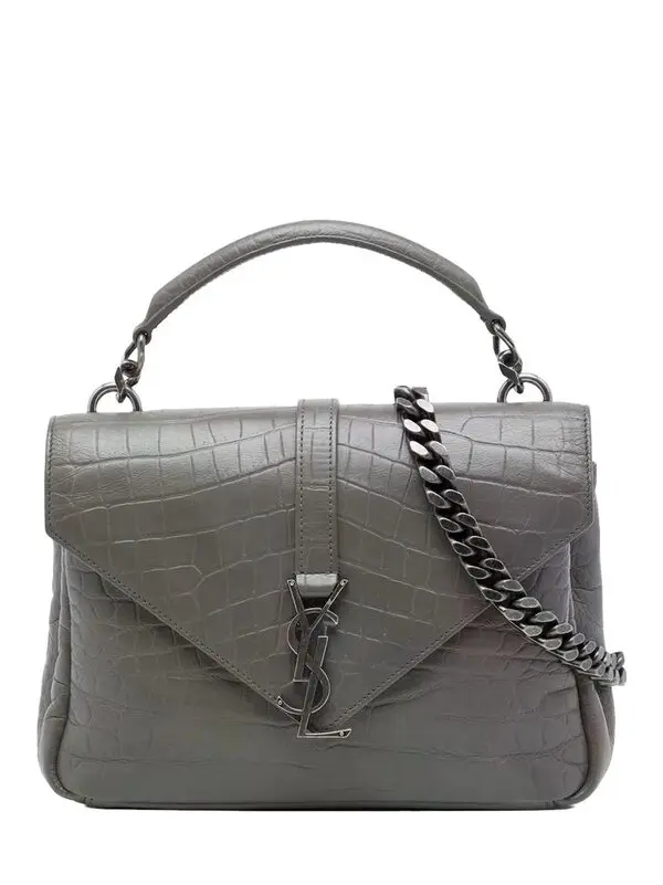 Saint Laurent 2016 Medium Croc Embossed Leather Monogram College Satchel - Grey